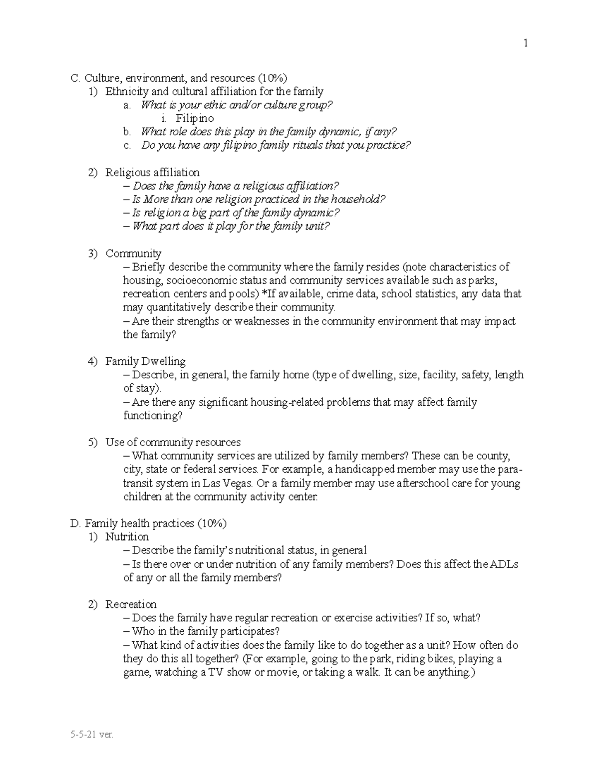 Questions for family assessment - NURS 313R - UNLV - Studocu