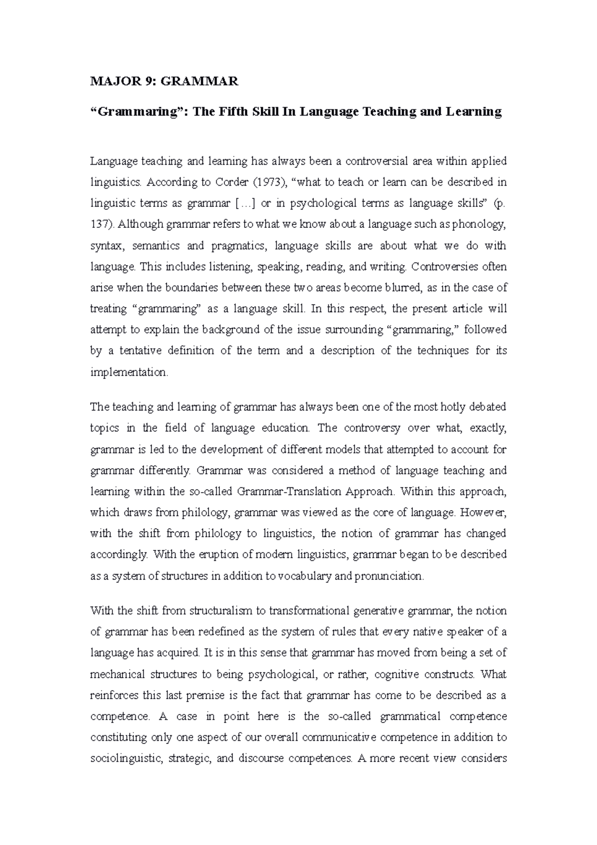 Grammaring- The Fifth Skill In Language Teaching and Learning - MAJOR 9 ...