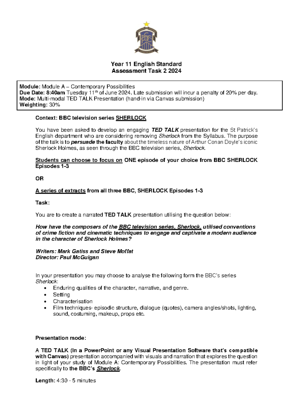 Year 11 Standard English - Task 2 2024 - Year 11 English Standard ...
