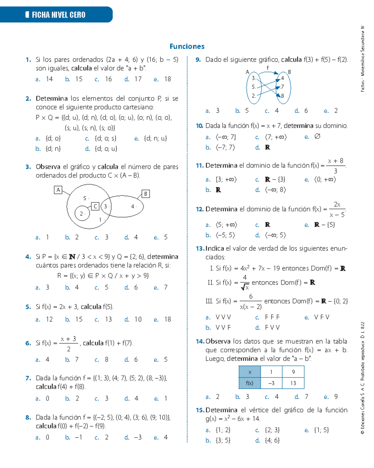 F0 Relaciones y funciones - FICHA NIVEL CERO Fichas - Matemática Secundaria IV © Ediciones ...