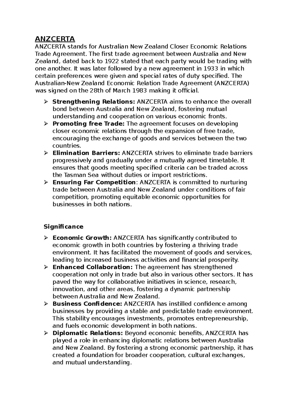 Economics notes - ANZCERTA ANZCERTA stands for Australian New Zealand ...
