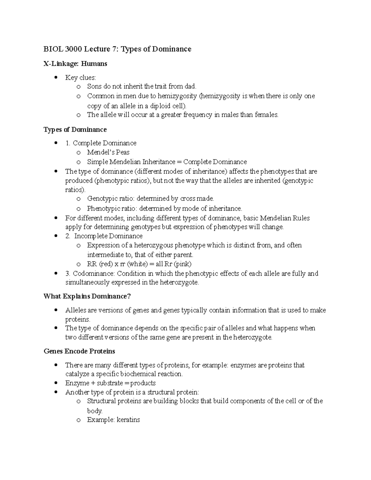BIOL 3000 Lecture 7 Types of Dominance - BIOL 3000 Lecture 7: Types of Dominance X-Linkage ...