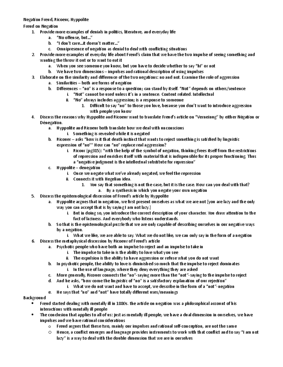 Freud-Negation Discussion Notes - Negation Freud, Ricoeur, Hyppolite ...