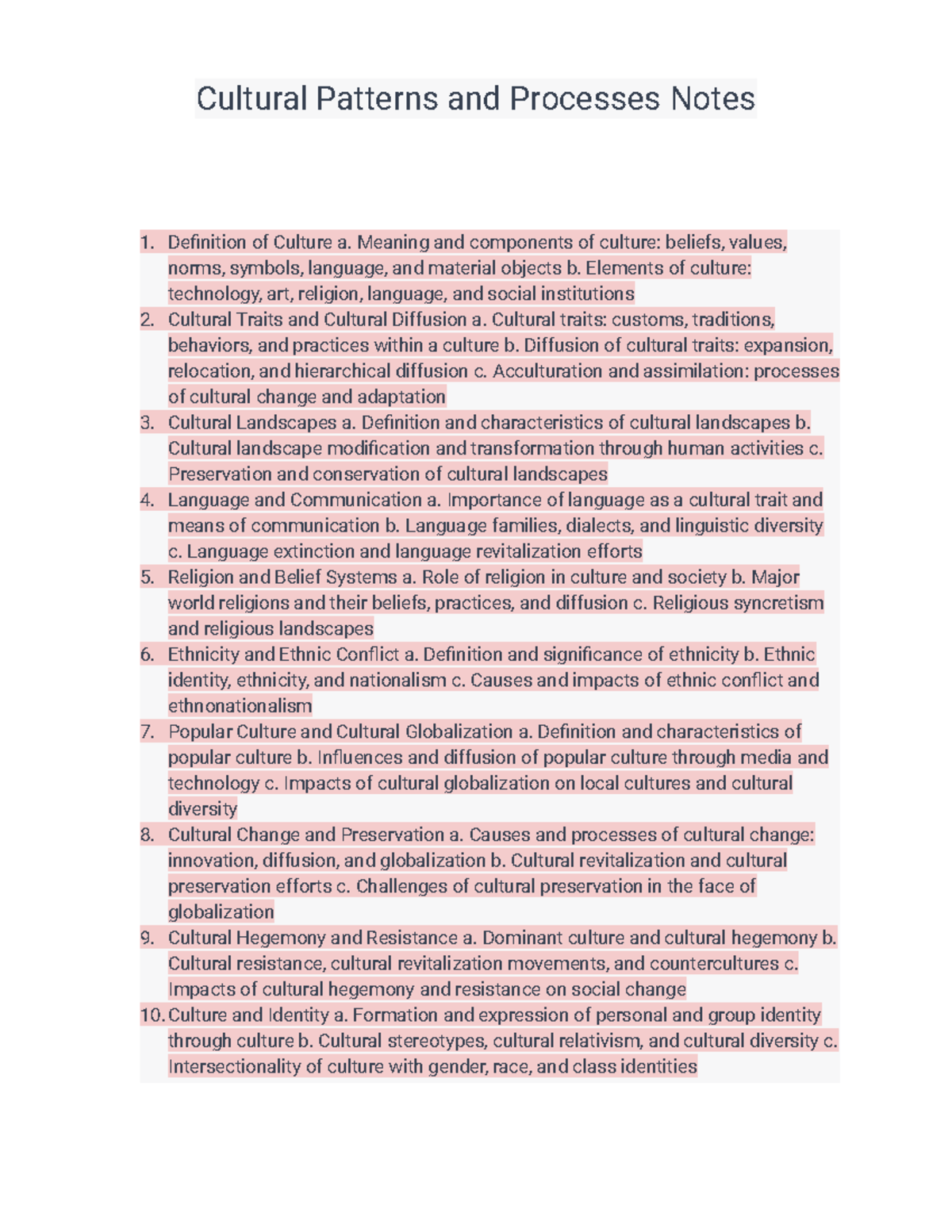 Cultural Patterns and Processes Notes - Cultural Patterns and Processes ...