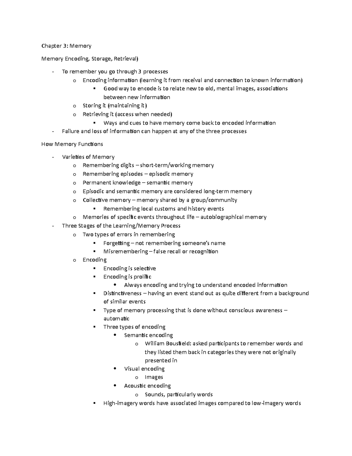 Chapter 3 Notes - Chapter 3: Memory Memory Encoding, Storage, Retrieval ...