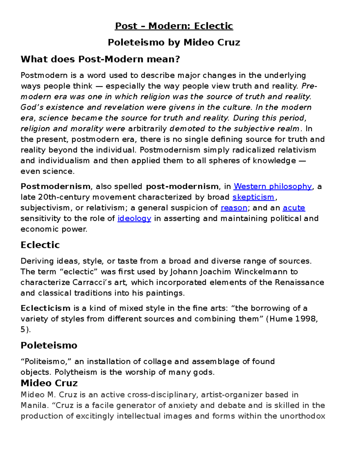 Post – Modern - Short report about an era in arts. - Post – Modern ...