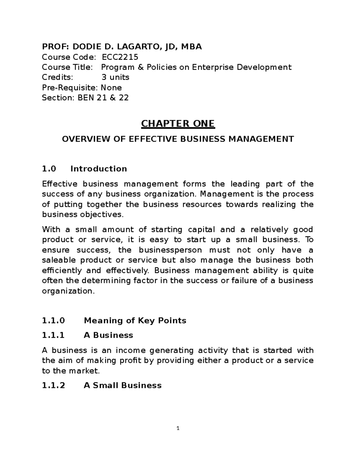 Chapter I-Program & Policies on Enterprise Development - PROF: DODIE D ...