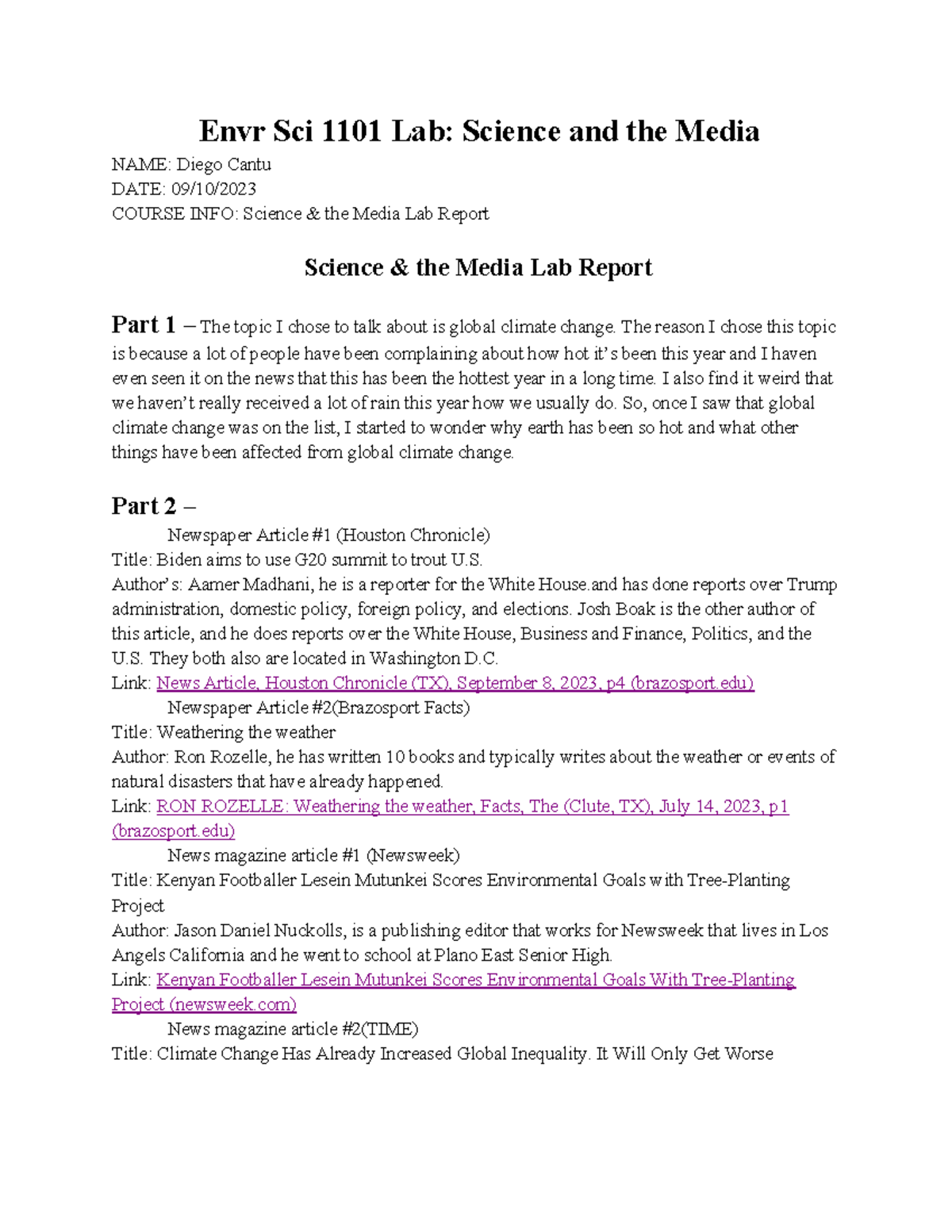 Lab number 2 ENVR1101 - Envr Sci 1101 Lab: Science and the Media NAME ...