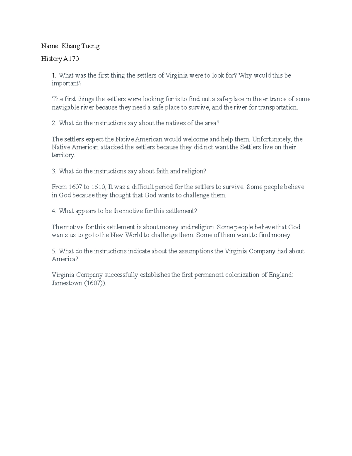 Instruction to the Virginia Company - Name: Khang Tuong History A 1 ...