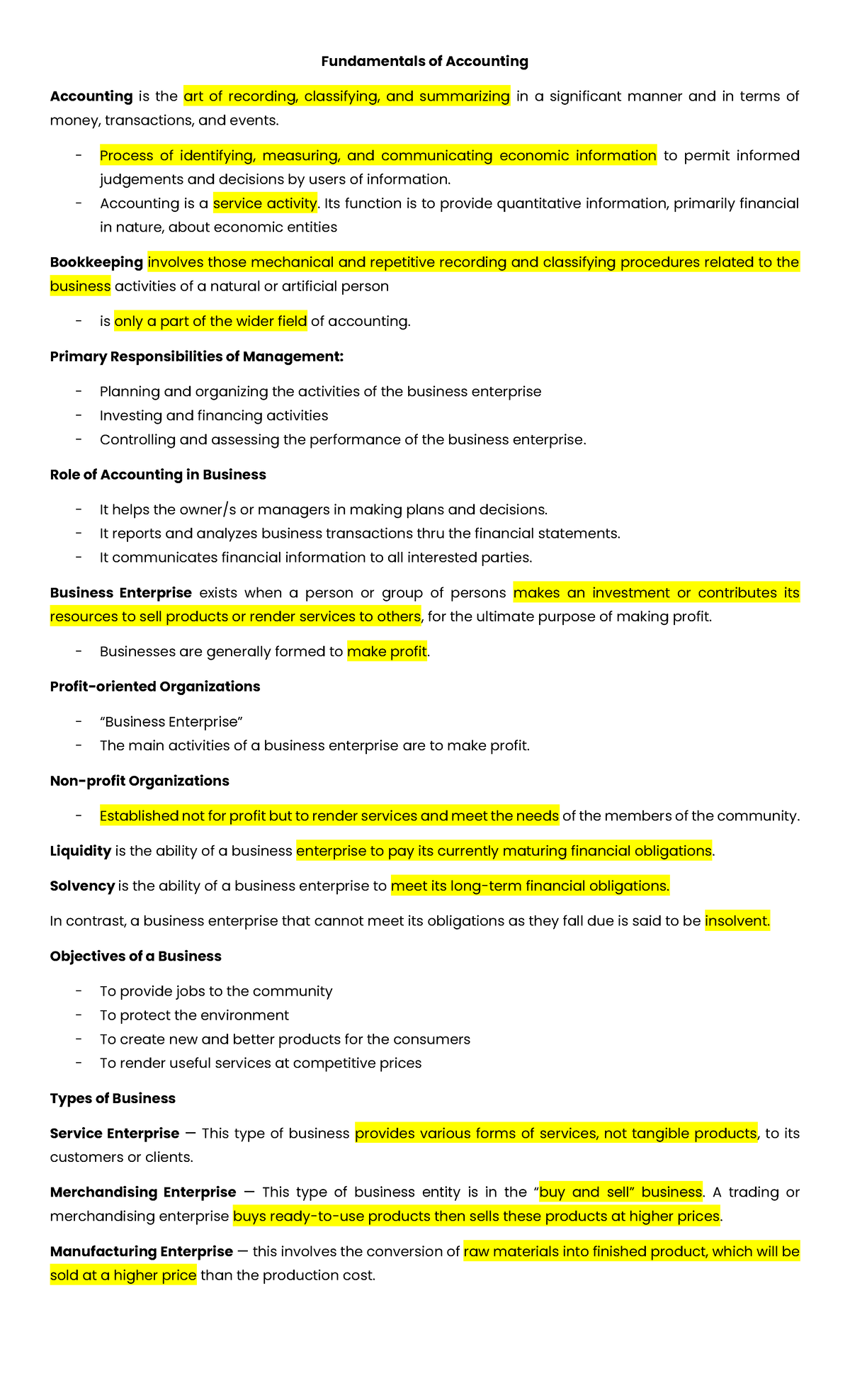 Chapter 1 Major SUB - Summary. - Fundamentals of Accounting Accounting ...