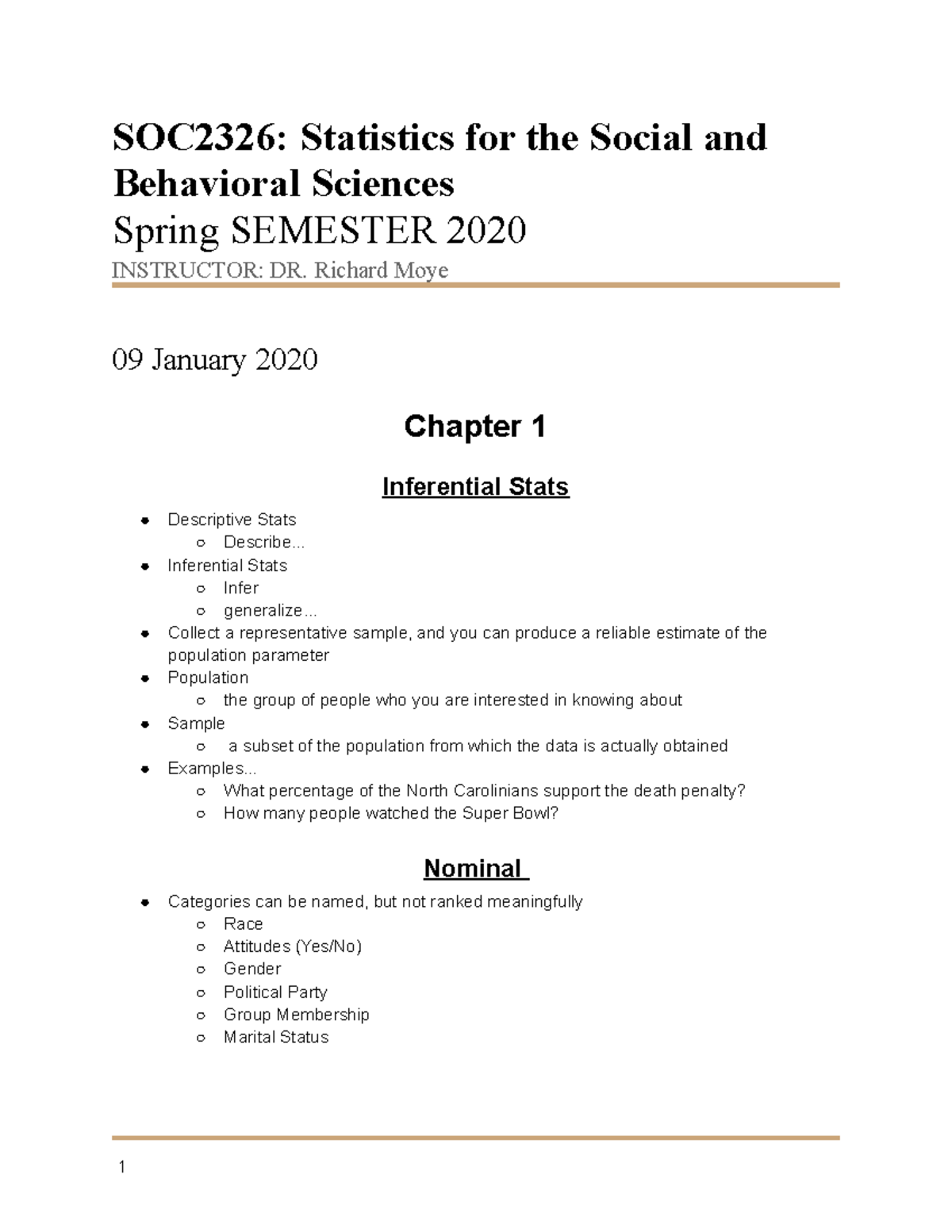 Chapter 1 - NOTES - SOC2326: Statistics for the Social and Behavioral ...