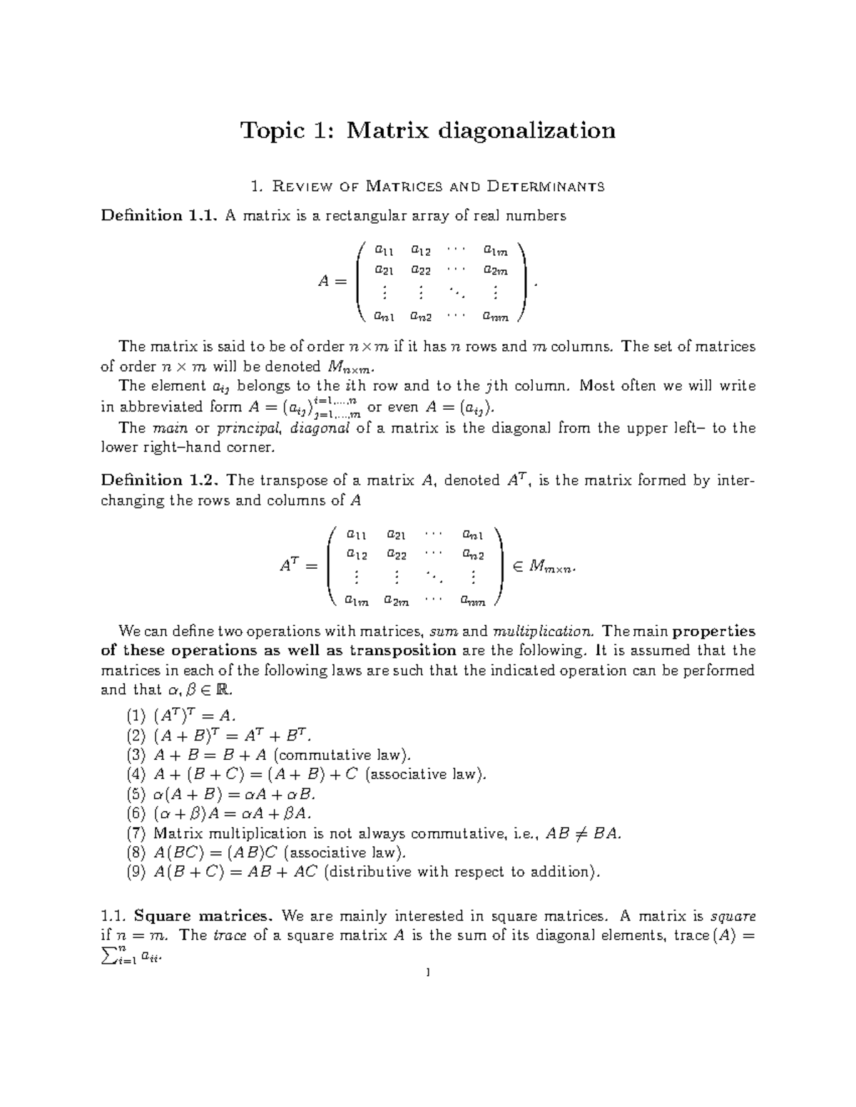 Lecture Notes Lecture 1 Diagonalization Topic 1 Matrix