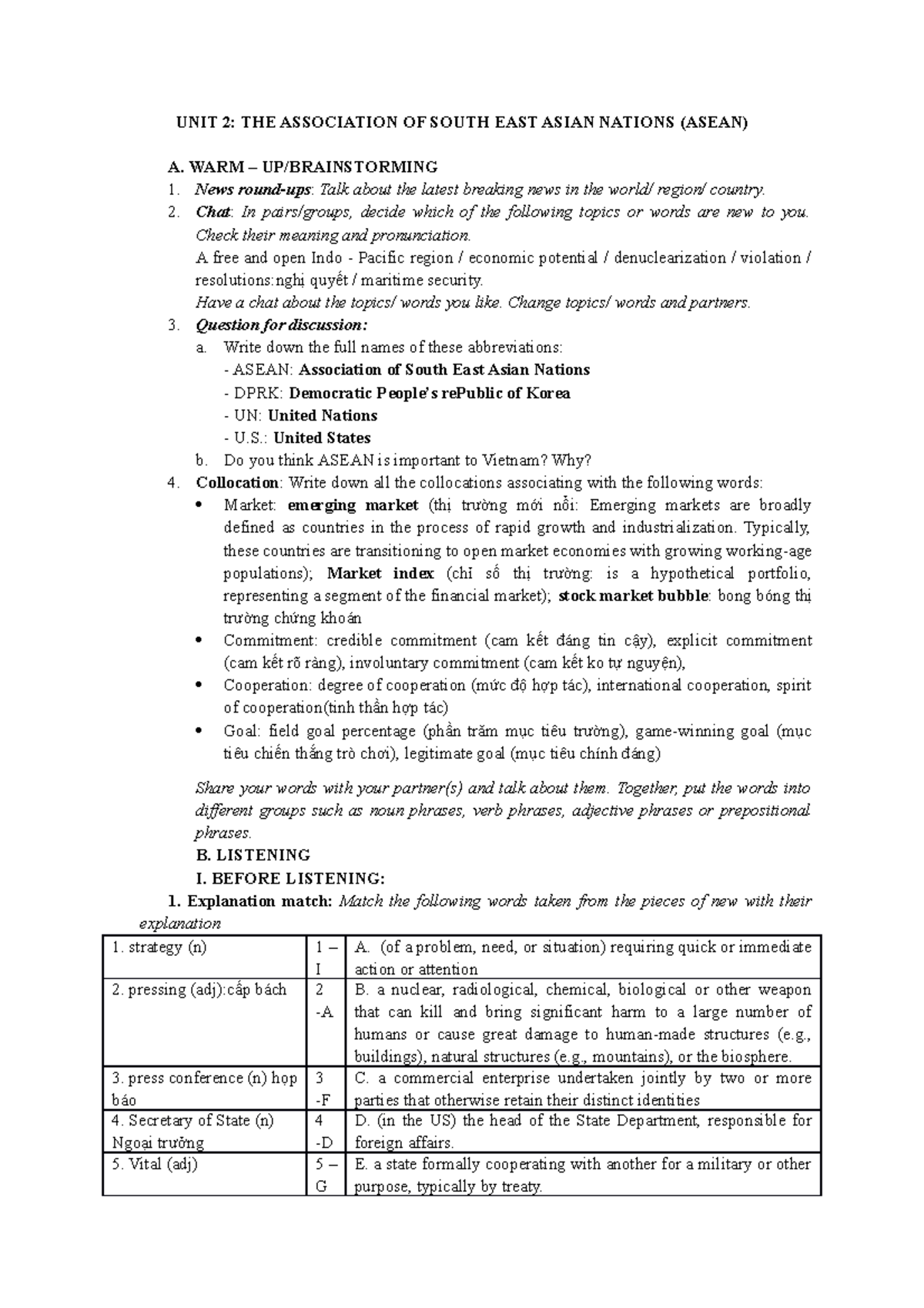 Unit 2 Asean - UNIT 2: THE ASSOCIATION OF SOUTH EAST ASIAN NATIONS ...