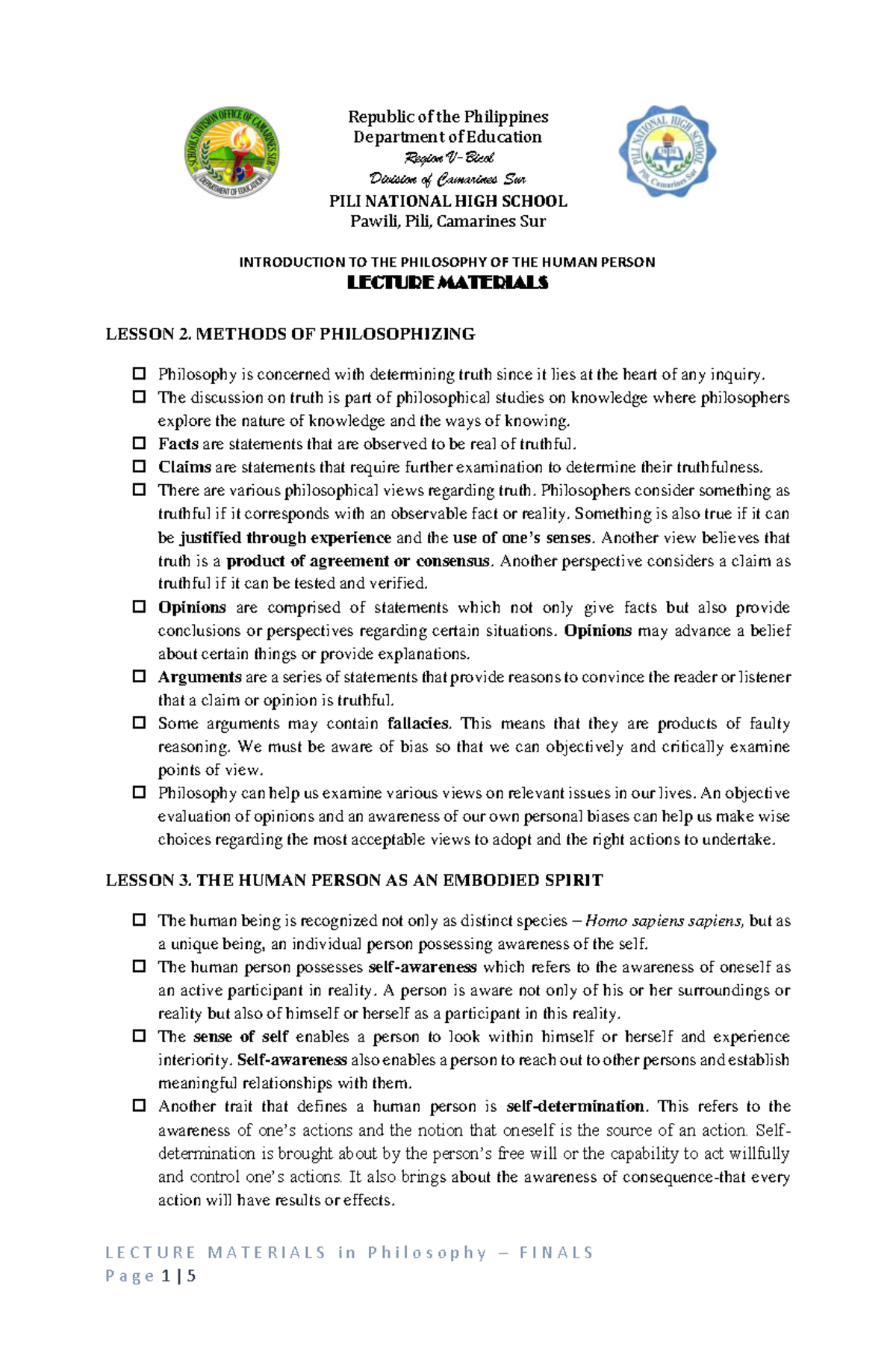 Philosophy Lecture Materials Finals - L E C T U R E M A T E R I A L S i ...