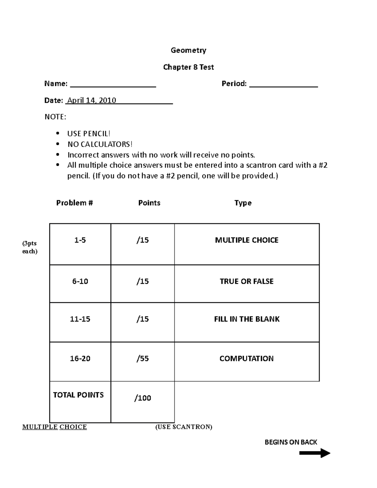 Geometry Chapter 8 Test - BEGINS ON BACK Geometry Chapter 8 Test Name
