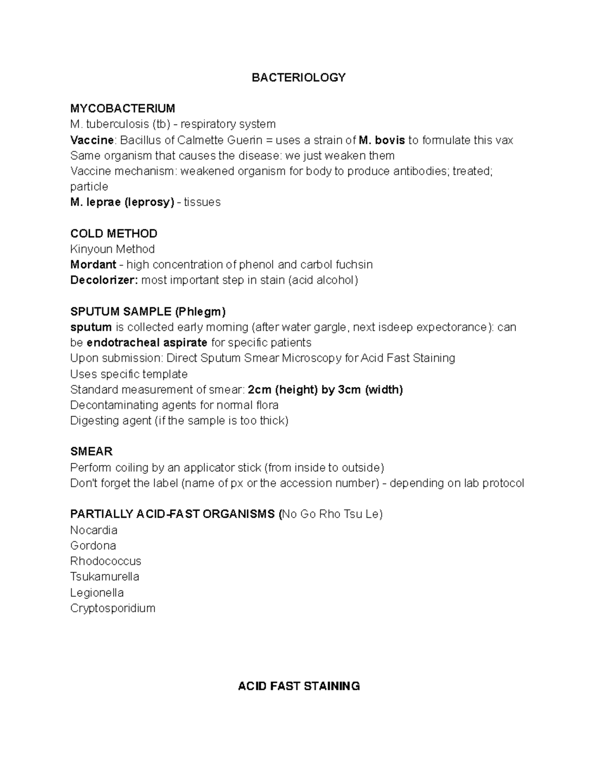 Bacte Labb Lec - n/a - BACTERIOLOGY MYCOBACTERIUM M. tuberculosis (tb ...