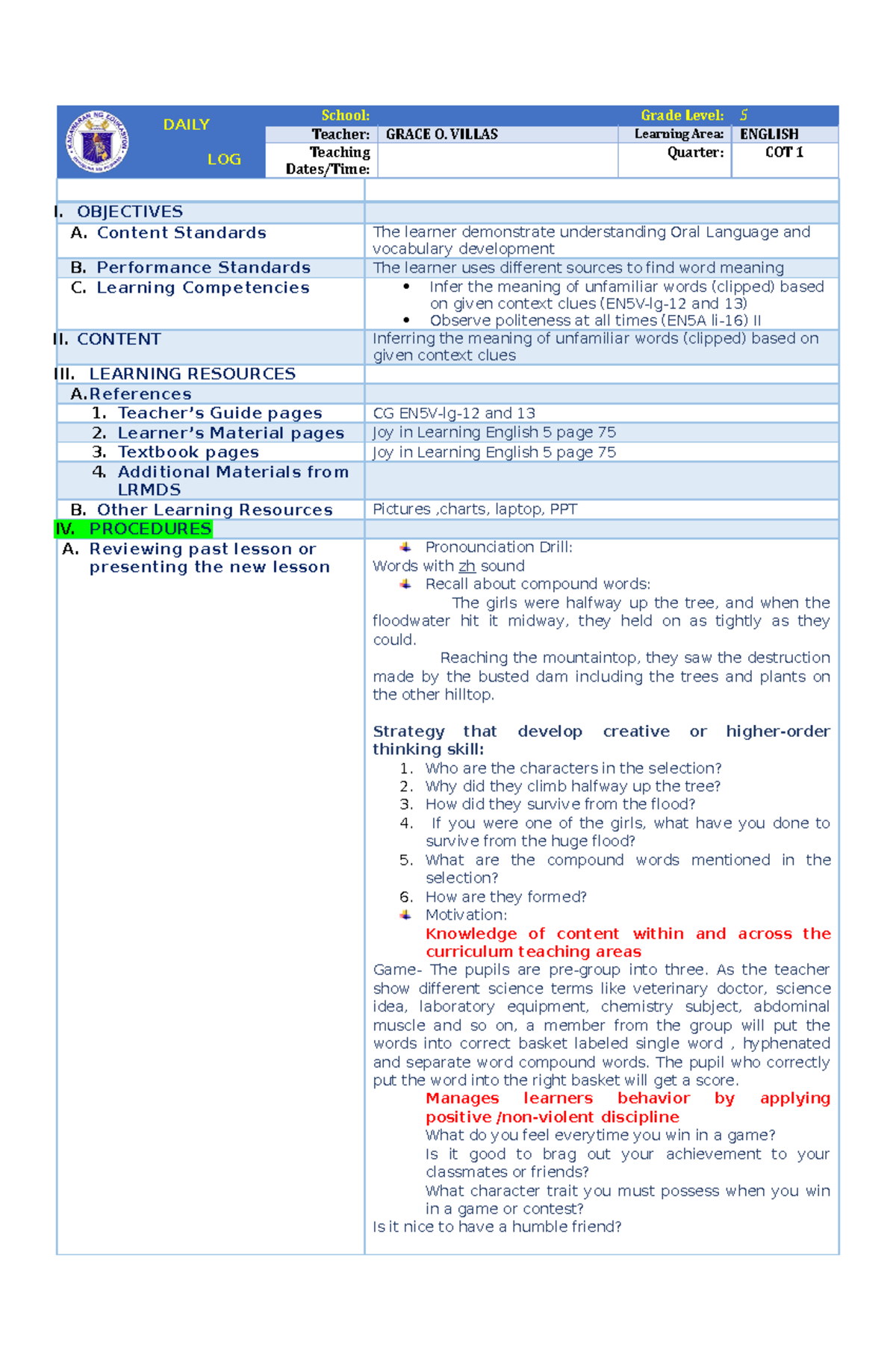 English 5-COT - cot - DAILY LESSON LOG School: Grade Level: 5 Teacher ...
