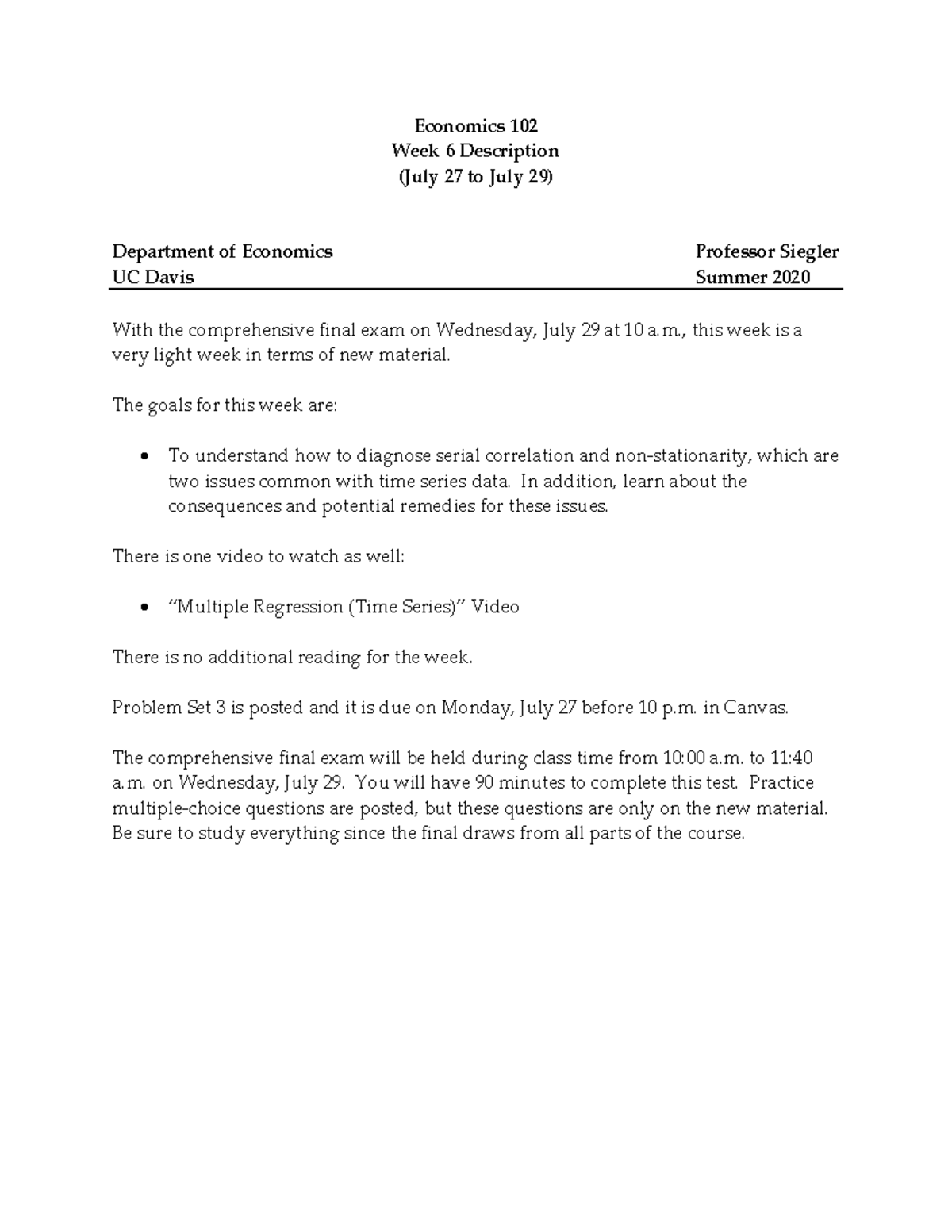 Economics 102 Week 6 Description Su2020 - **Economics 102 Week 6 ...