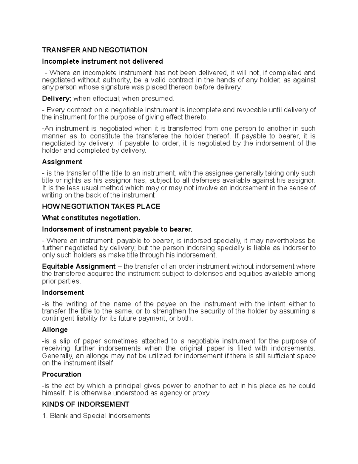 Business Law Transfer AND Negotiation-notes - TRANSFER AND NEGOTIATION ...