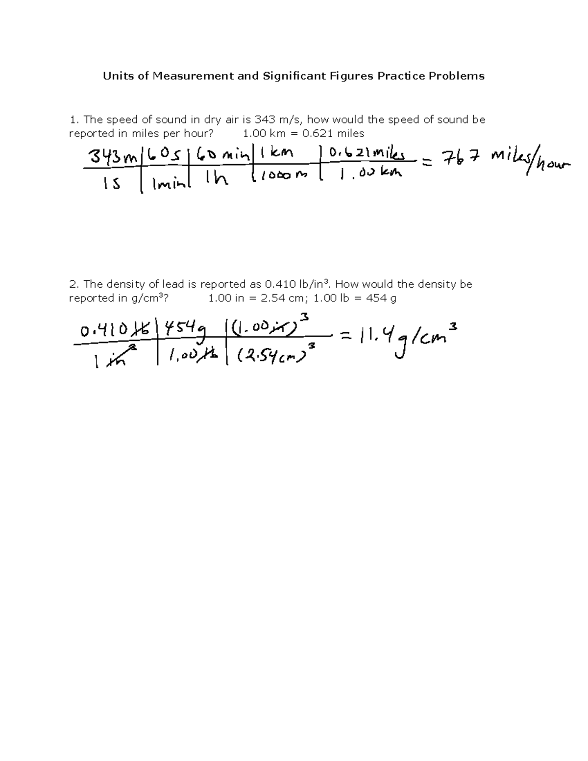 Units of Measurement and Sig Fig Practice Problems Key copy - Units of ...