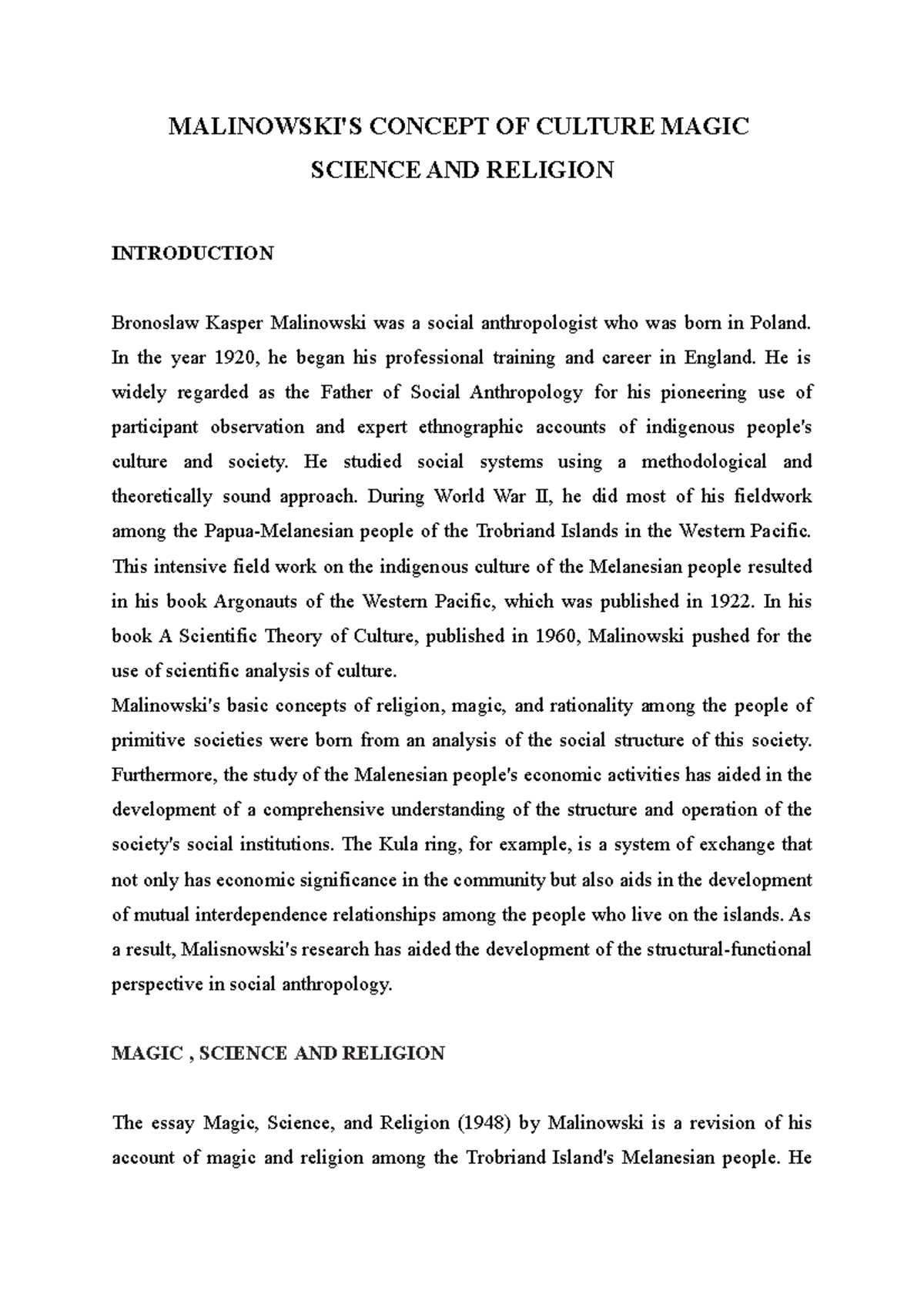 Malinowski'S Concept OF Culture Magic Science AND Religion - MALINOWSKI ...