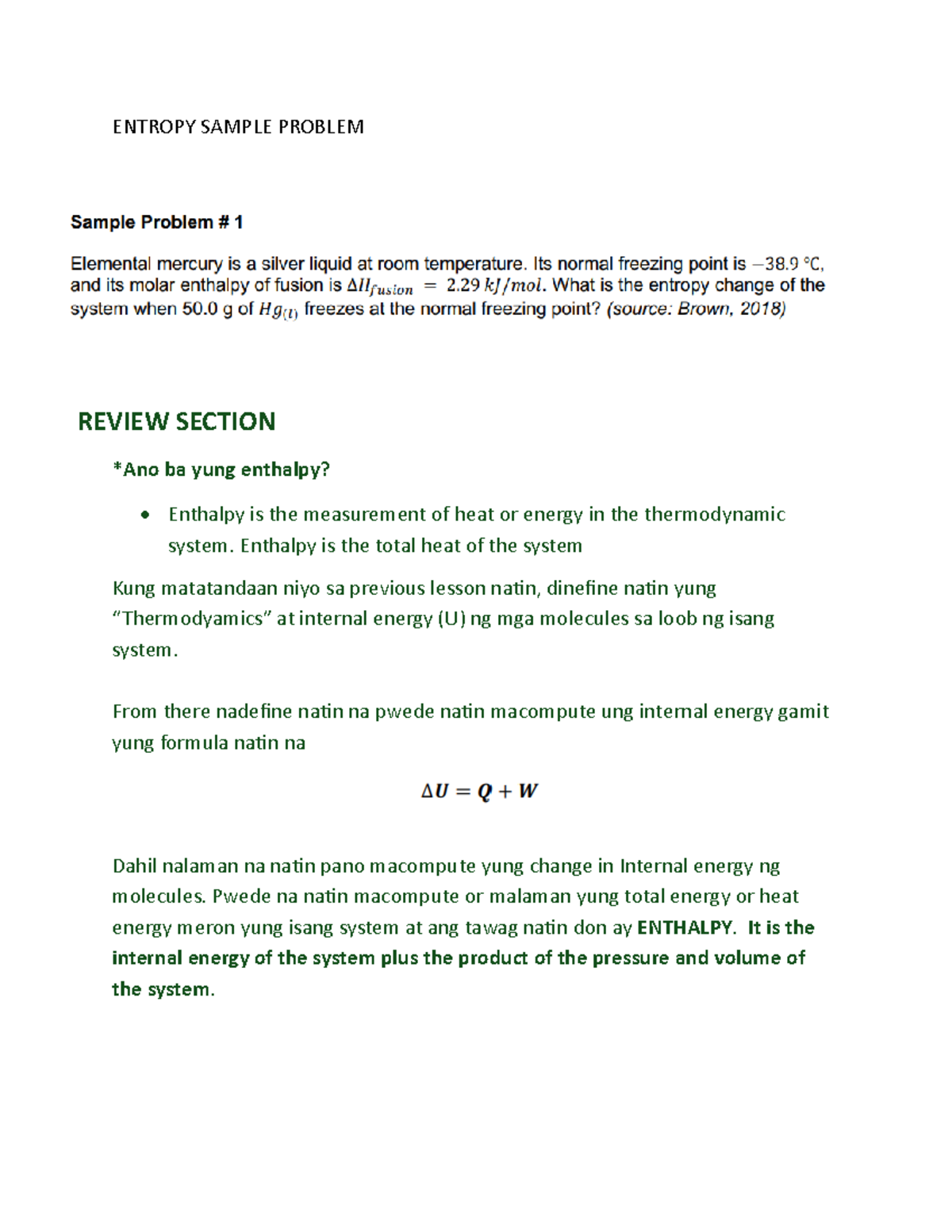 Entropy Sample Problem - ENTROPY SAMPLE PROBLEM REVIEW SECTION *Ano ba ...