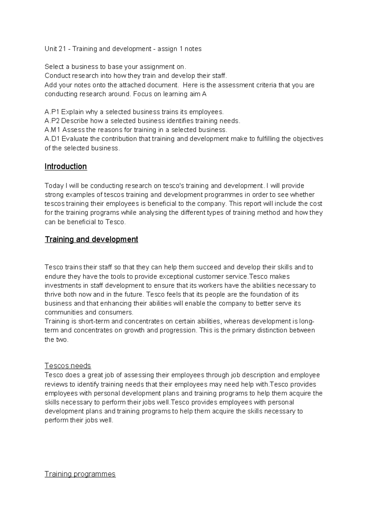 Ali Ibrahim Djoudi - Assignmnet 1 Unit 21 - Unit 21 - Training and ...