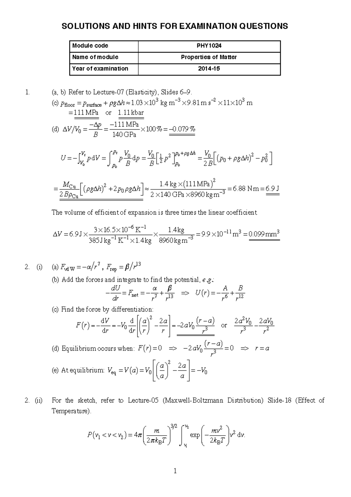 Exam 2015, answers - 1 SOLUTIONS AND HINTS FOR EXAMINATION QUESTIONS ...