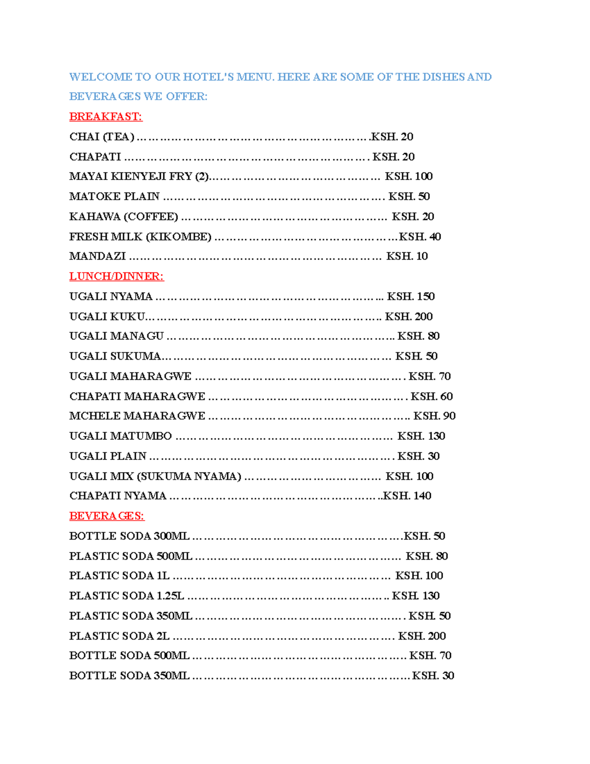 Welcome to our hotel - WELCOME TO OUR HOTEL'S MENU. HERE ARE SOME OF ...
