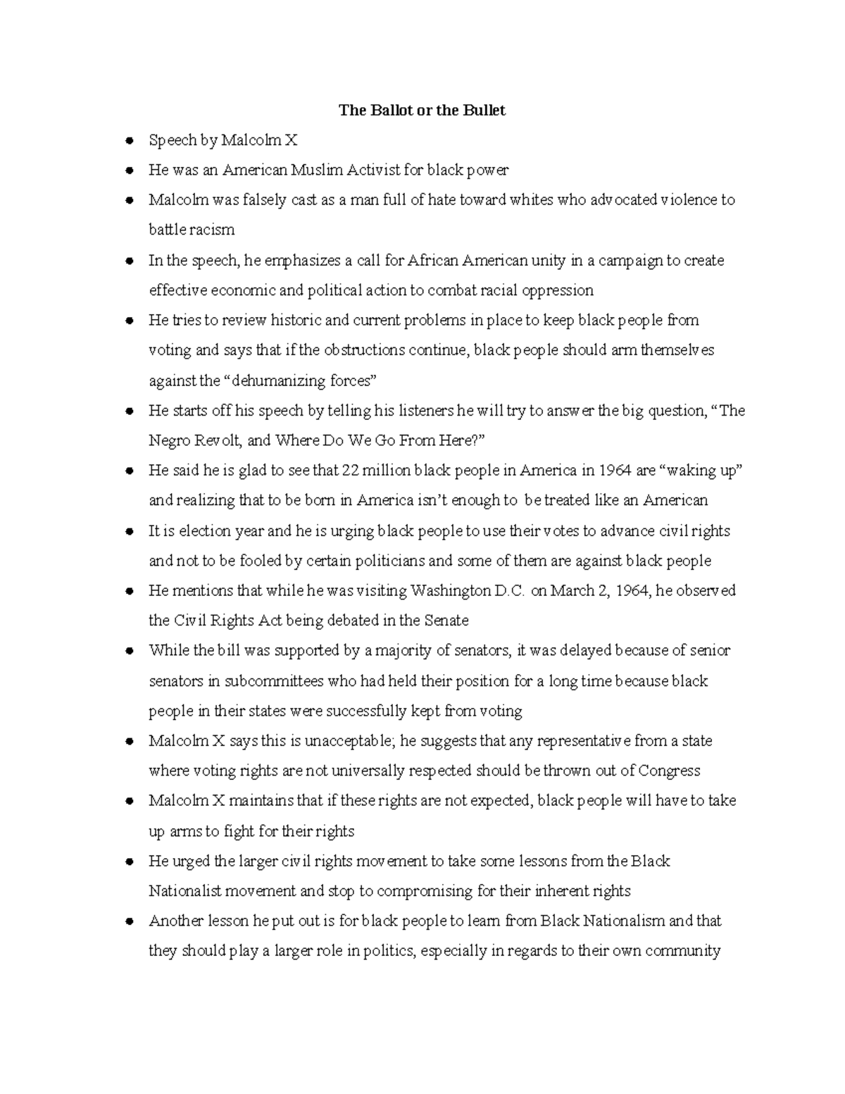 HST 202 Malcom X - The Ballot or the Bullet Speech Malcolm X He was an ...