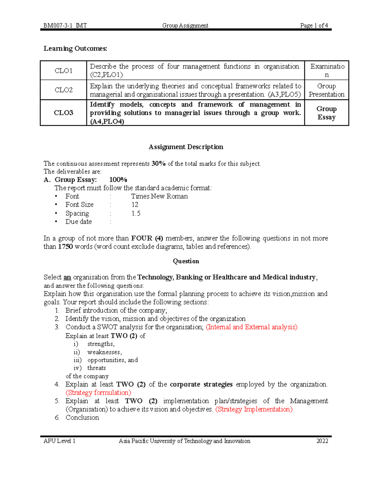 Assignment APU-APD1F2211 - Learning Outcomes: CLO Describe the process ...