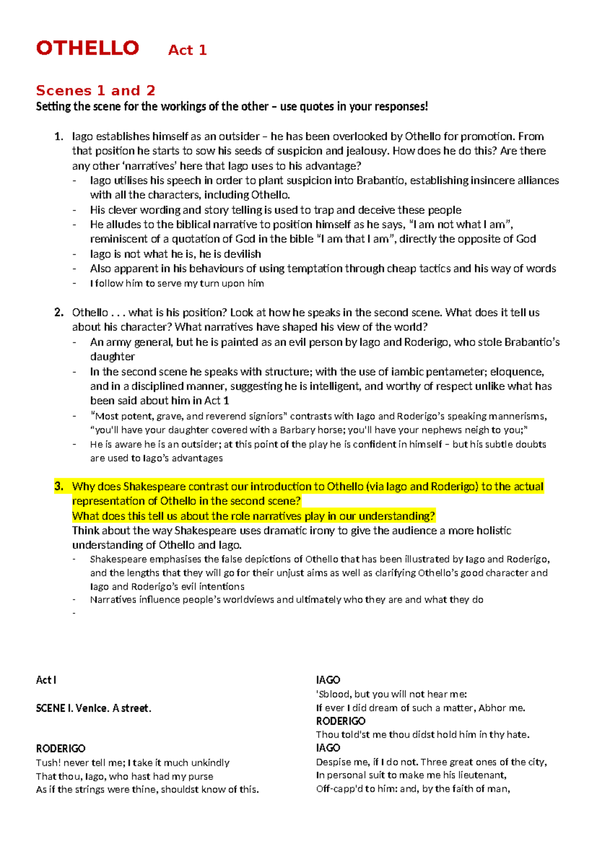 Othello Act 1 Scene 1 and 2 - OTHELLO Act 1 Scenes 1 and 2 Setting the ...