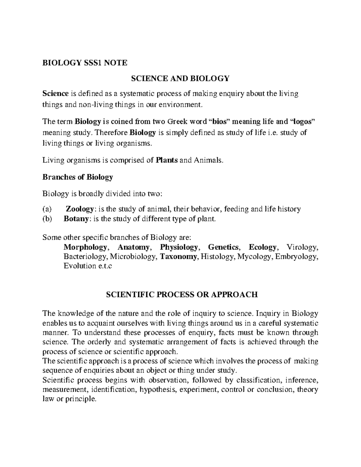 Biology NOTE 1 - good for examination - BIOLOGY SSS1 NOTE SCIENCE AND ...