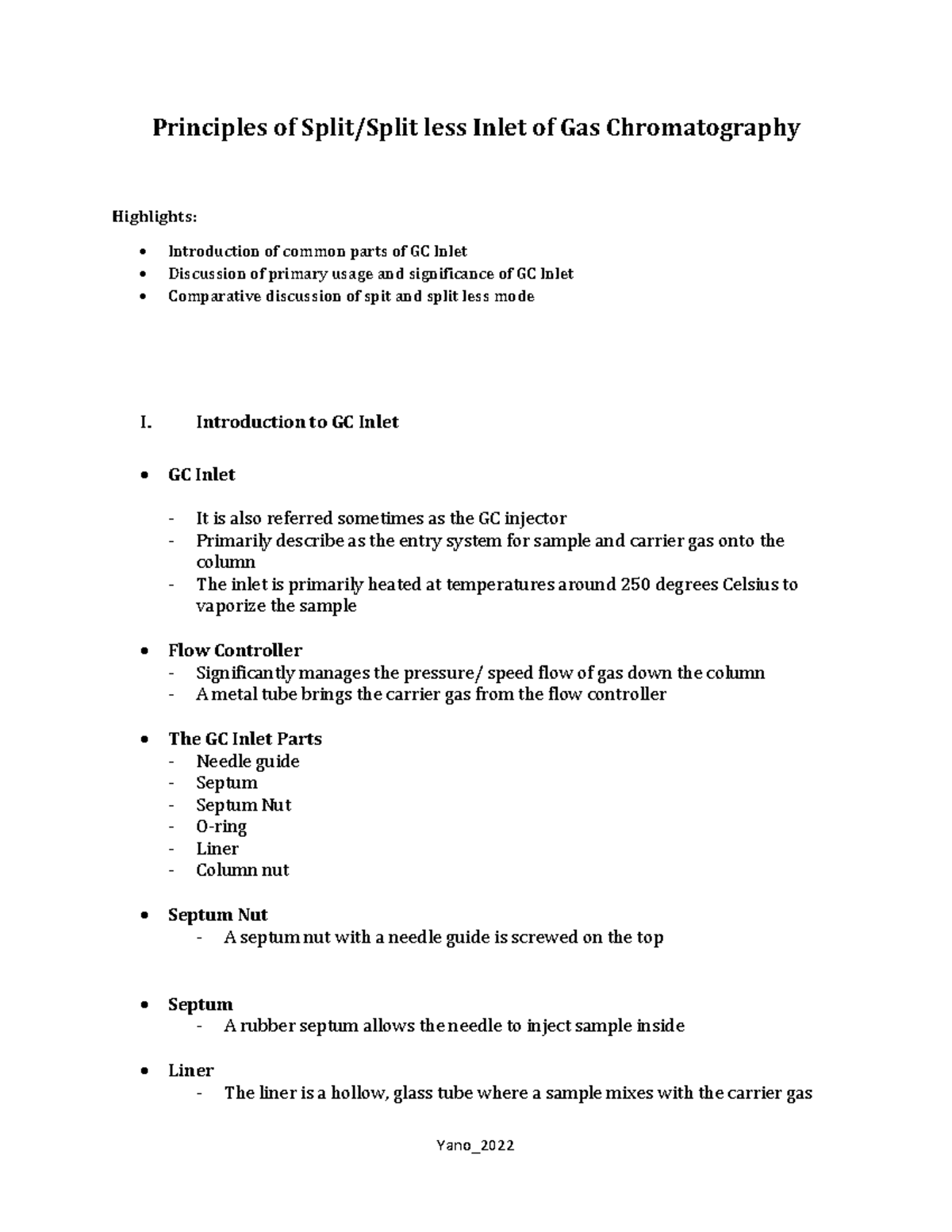 Gas Chromatography Split-Splitless Inlet Principles Yano2022 - Yano ...
