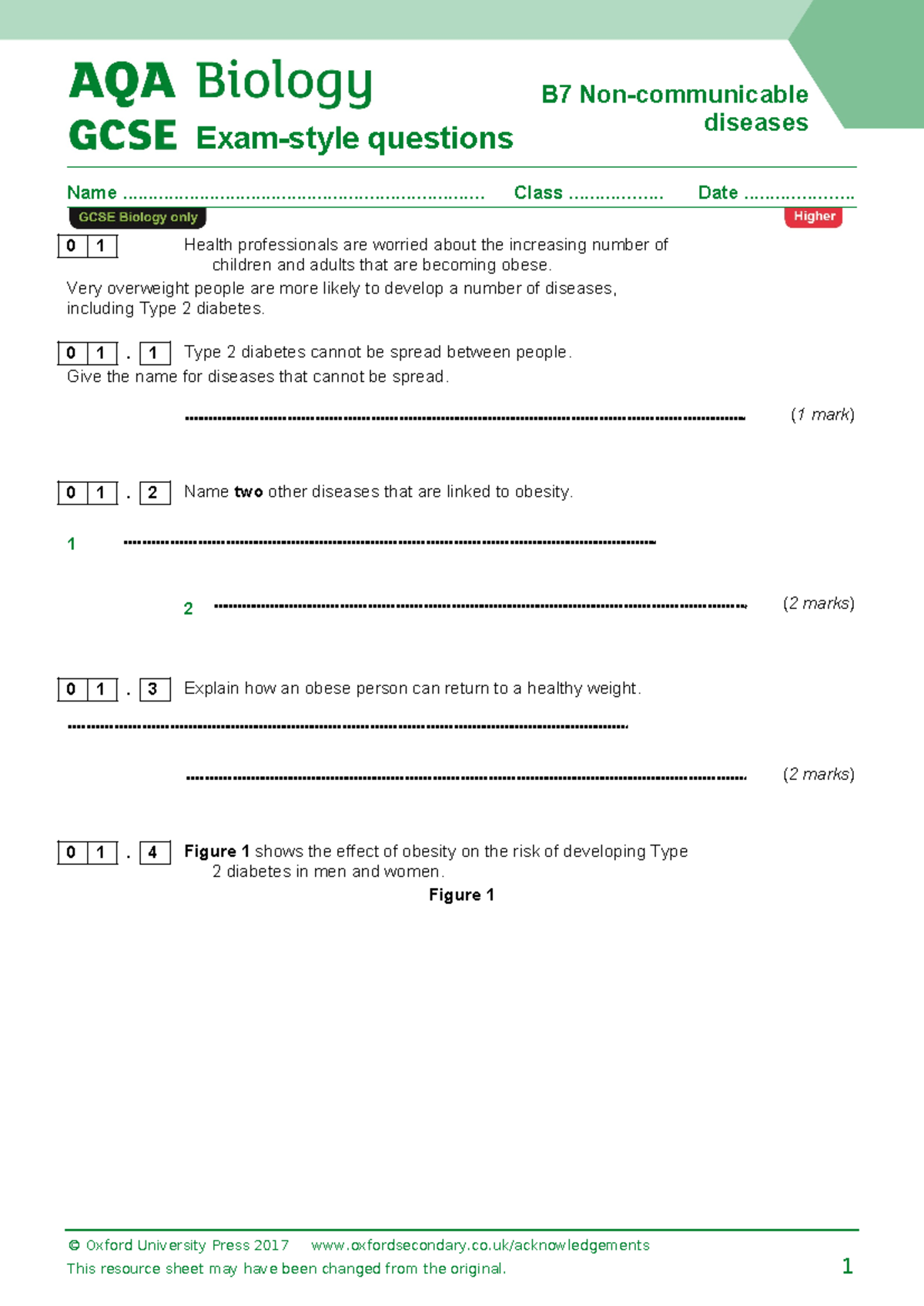 B7 Non Communicable Diseases End Of Unit Test Higher Diseases Exam Style Questions Name
