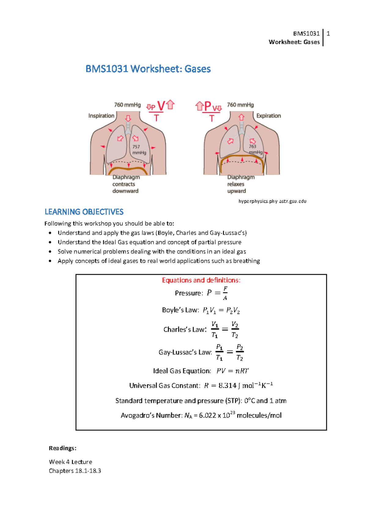 BMS1031 2021 Worksheet 4 - Gases - Solutions - **Worksheet: Gases ** BMS1031 Worksheet : Gases ...