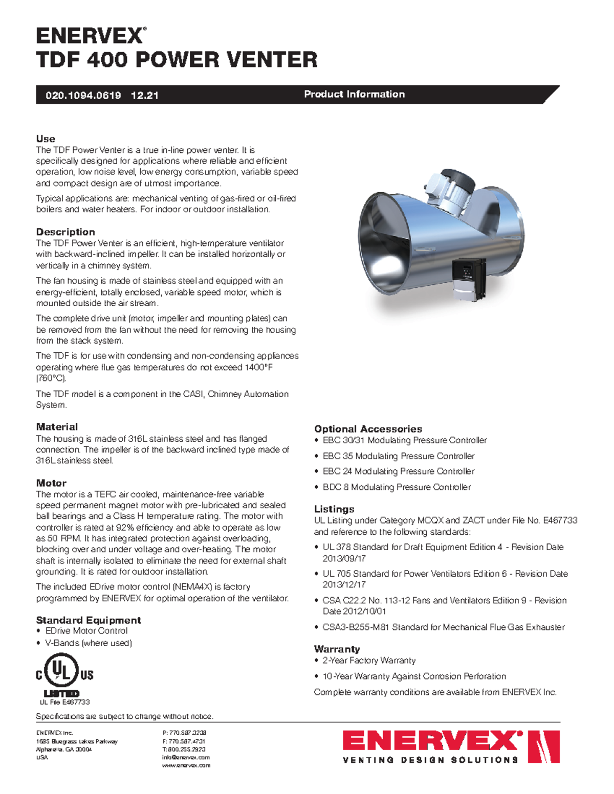 TDF400 Prod Info-12-21 - ENERVEX ® TDF 400 POWER VENTER ENERVEX Inc ...