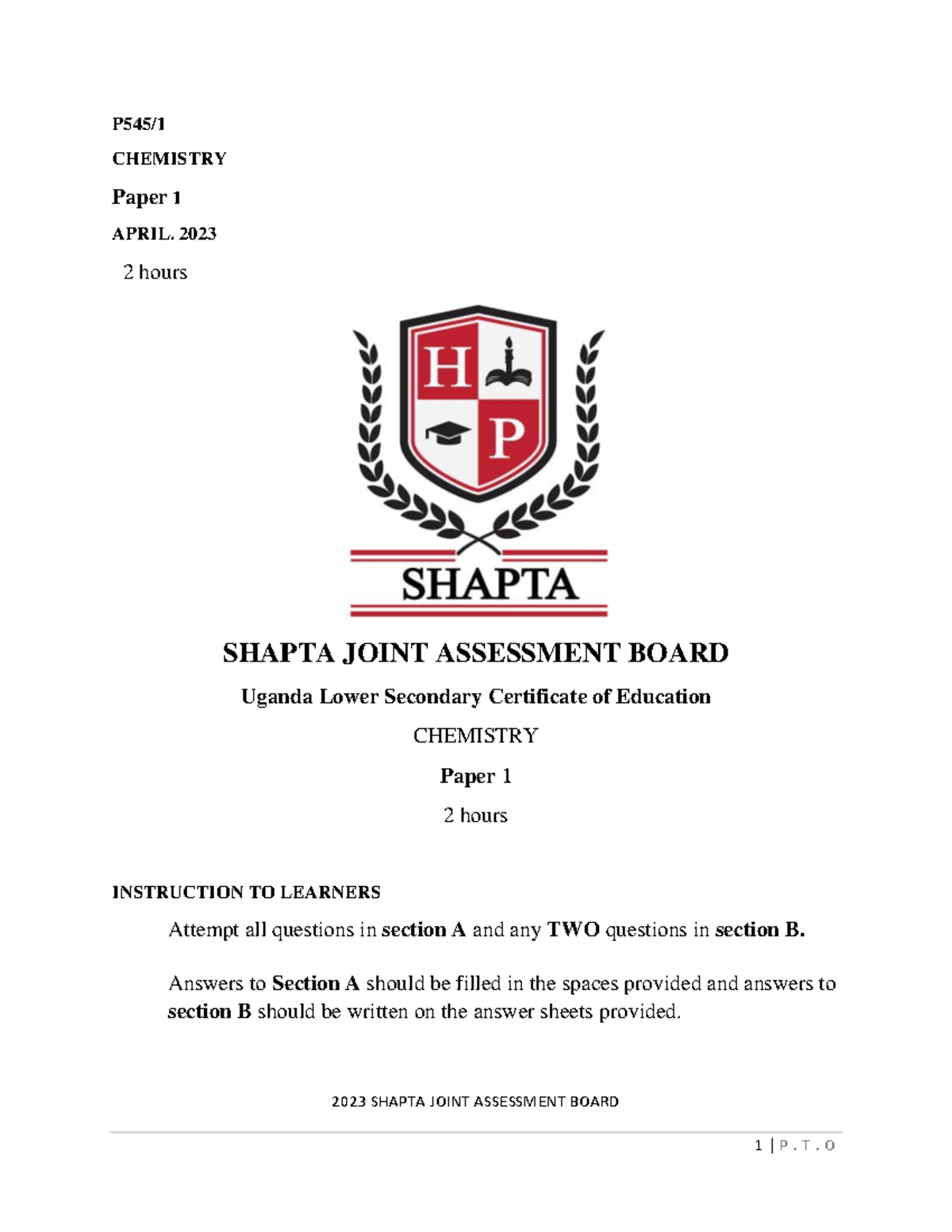 Shapta Joint Assessment Board Chemistry Paper 1 - 2023 SHAPTA JOINT ...