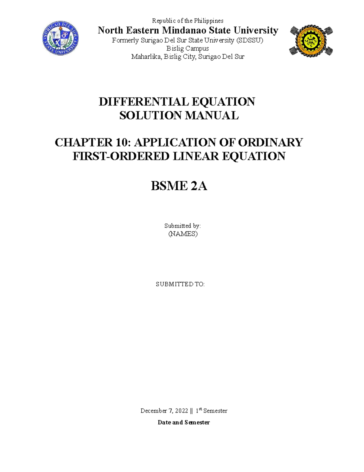Final Differential Equation Group 10 - SUBMITTED TO: Submitted by: (NAMES) DIFFERENTIAL EQUATION ...