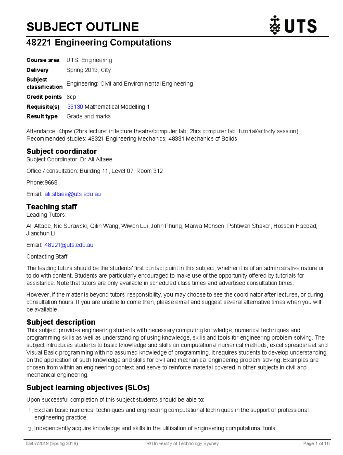 Engineering Computations Subject Outline - SUBJECT OUTLINE 48221 ...