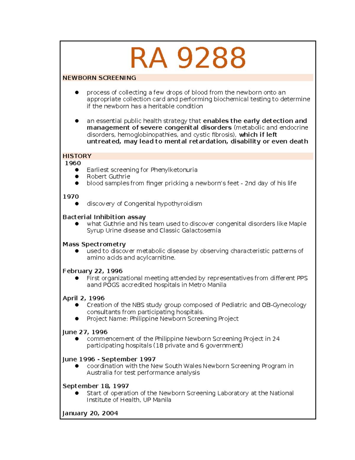 RA 9288 - Summary lang - RA 9288 NEWBORN SCREENING process of ...