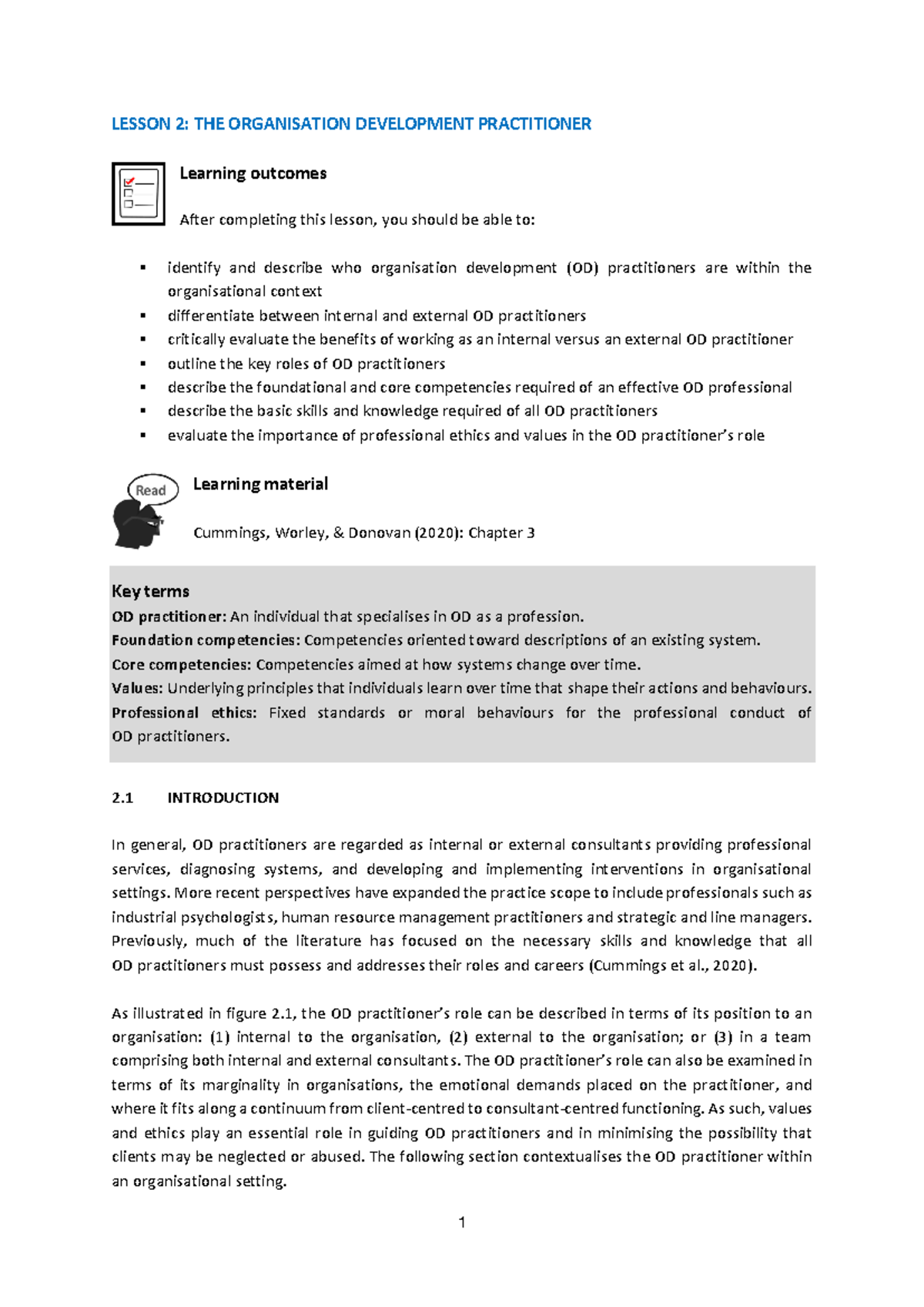IOP3705 Lesson 2 The OD practitioner - LESSON 2: THE ORGANISATION ...