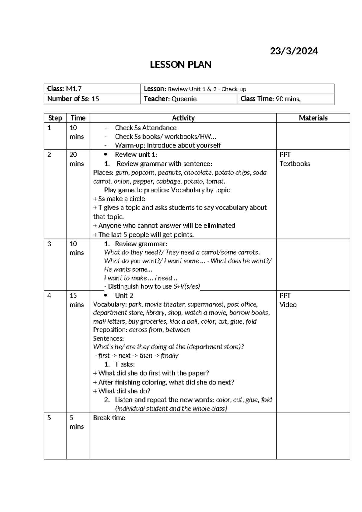 M7- B13 - lesson plan - 23 /3/ LESSON PLAN Class: M1 Lesson: Review ...