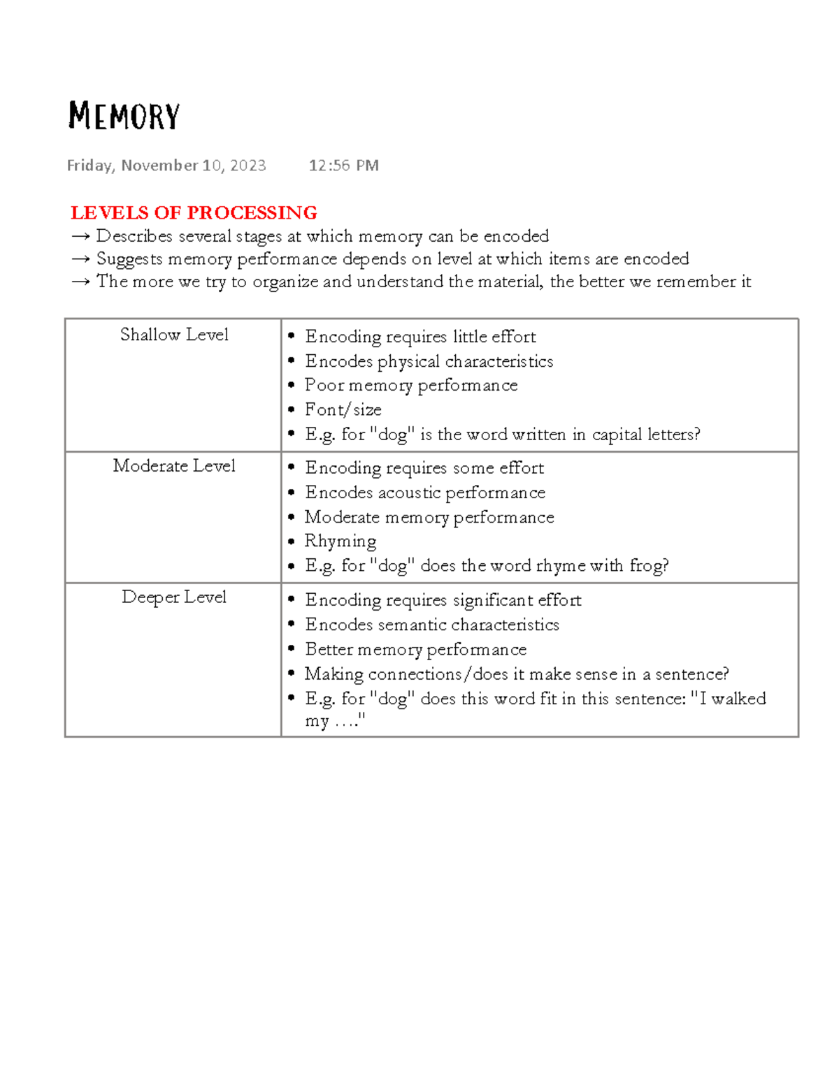 Memory - LEVELS OF PROCESSING → Describes several stages at which ...