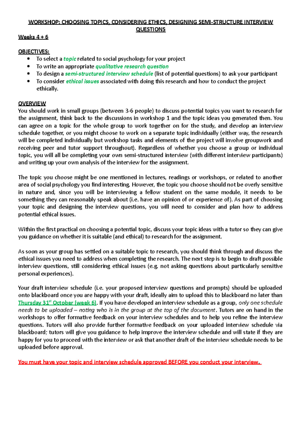 Workshop guidelines Topics, Ethics and Interview questions - WORKSHOP ...