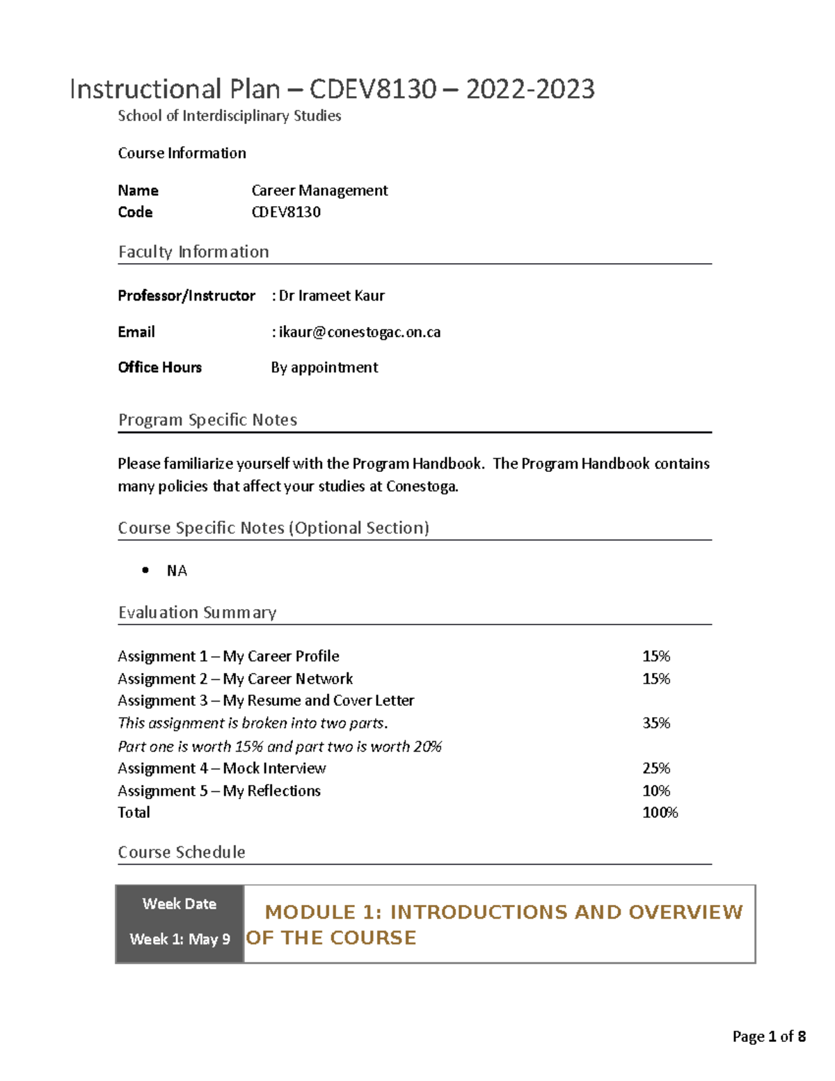 Instructional Plan - Okay - MGMT8420 - Conestoga College - Studocu