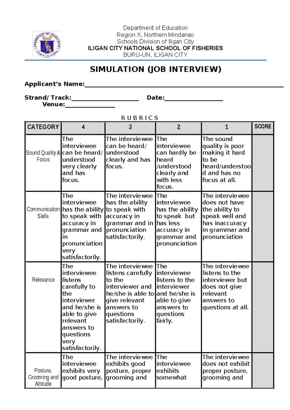 Rubrics FOR MOCK Interview - Department of Education Region X, Northern ...