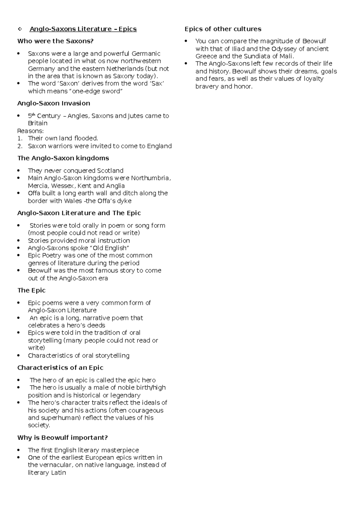 Ca AL Midterm - Student notes - Anglo-Saxons Literature – Epics Who ...