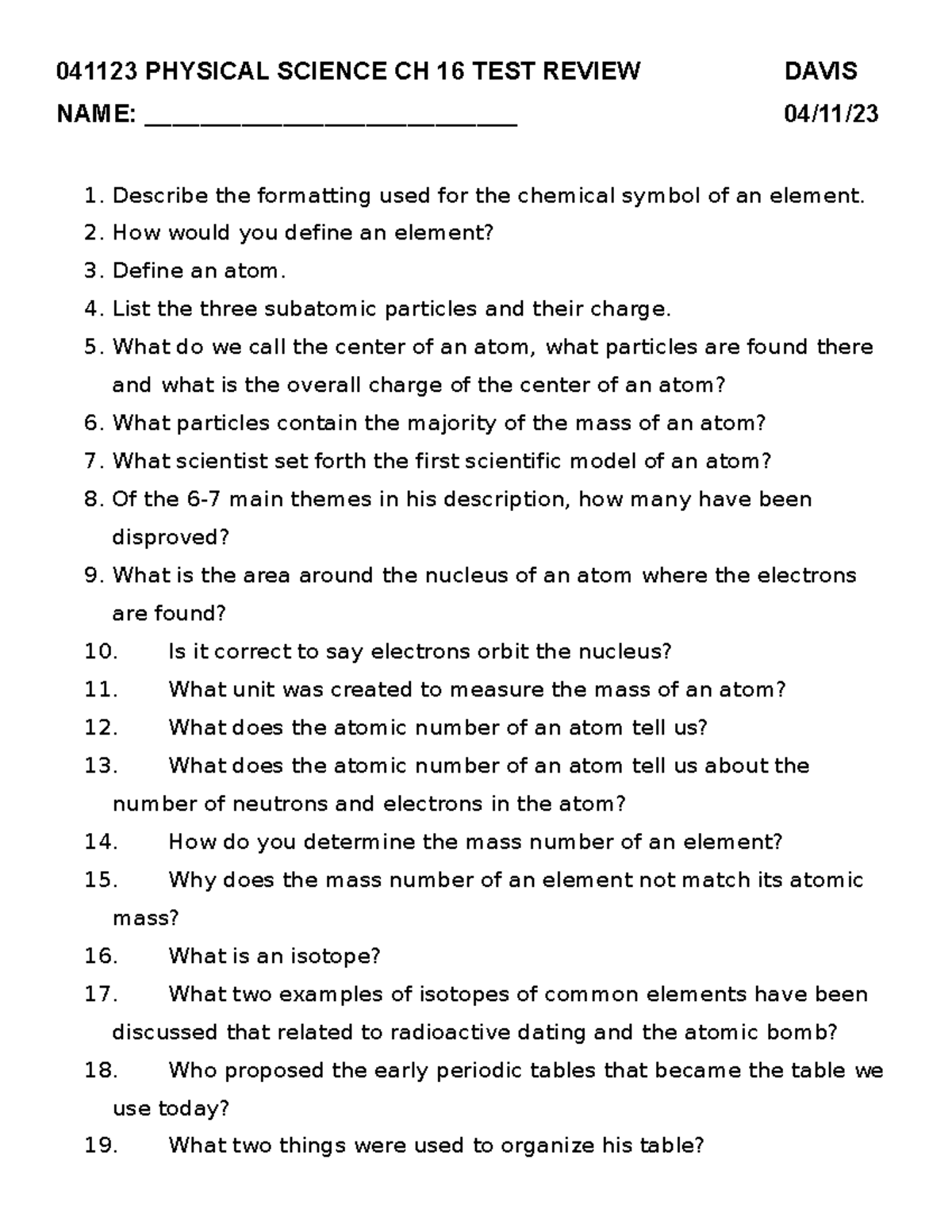 041123 Physical Science CH 16 TEST Review - 041123 PHYSICAL SCIENCE CH ...