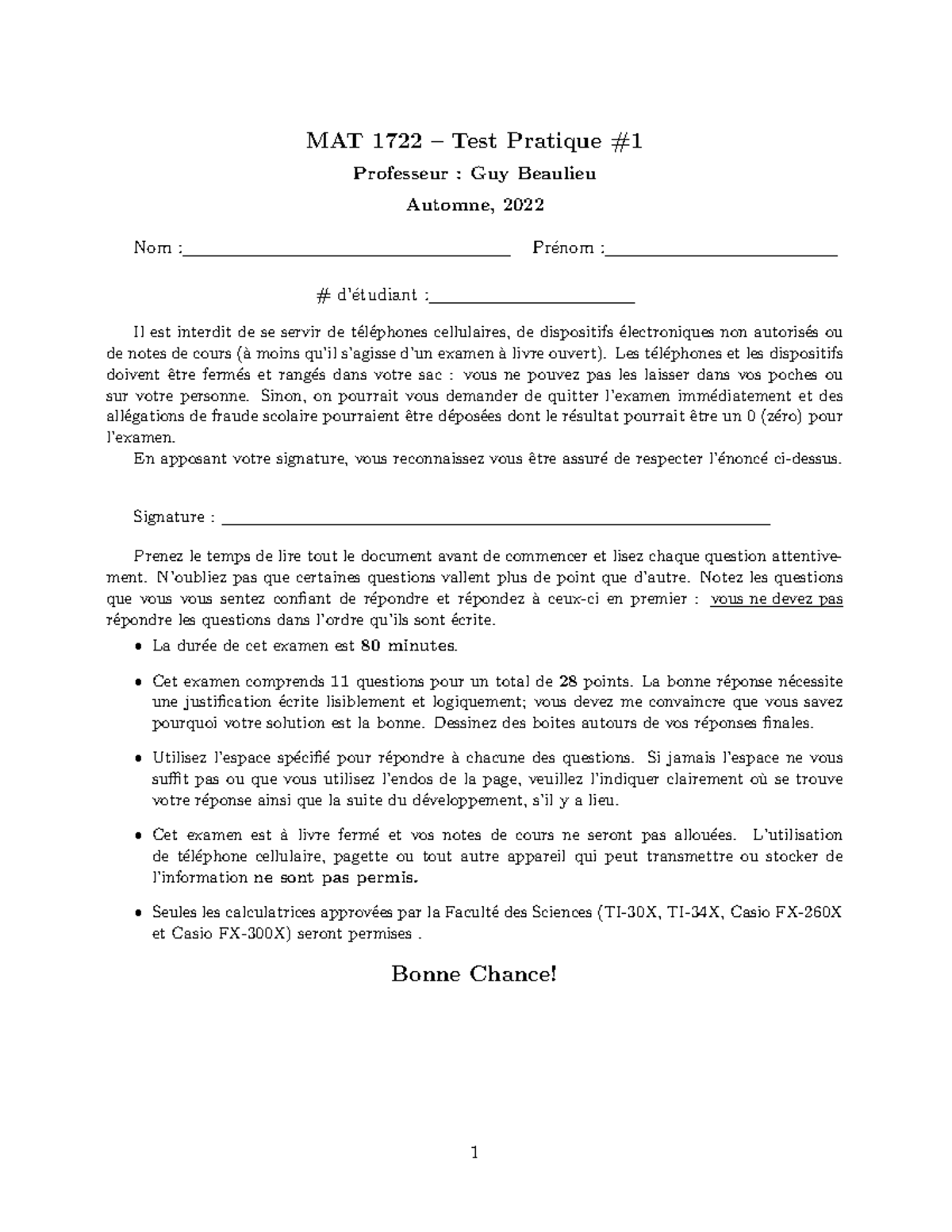 MAT1722 Test pratique 1 v1 A2022 - MAT 1722 – Test Pratique Professeur ...